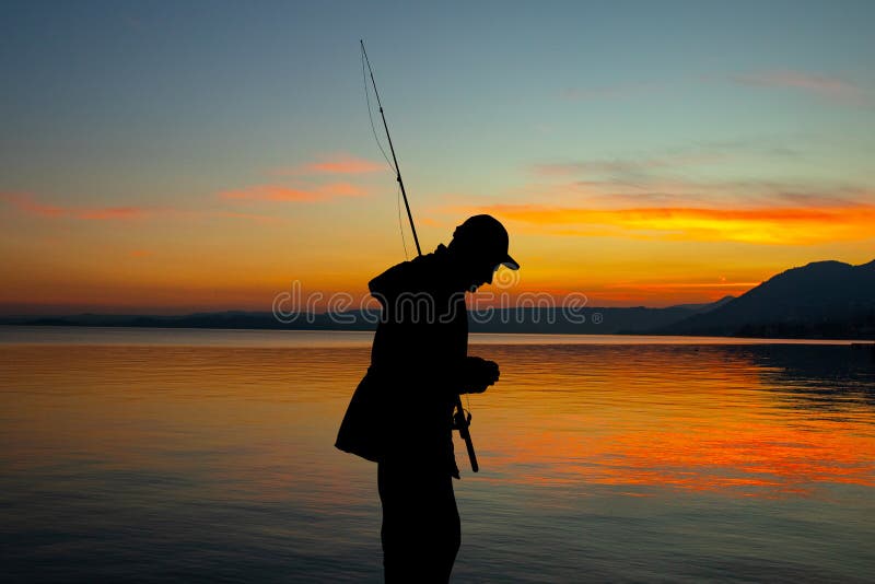 Man fishing at sunset stock illustration. Illustration of fisherman ...