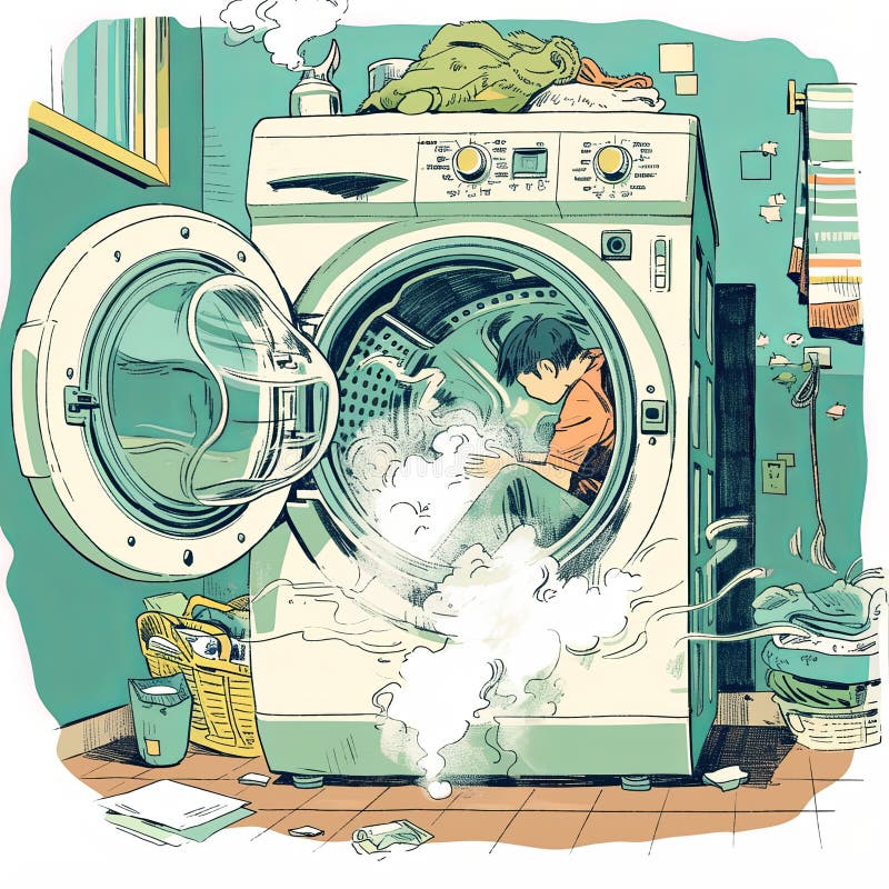Illustration of a Man Inside a Washing Machine with Steam and Clothes ...