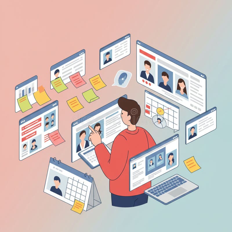 Illustration of a Man Interacting with Multiple Floating Web Browser ...