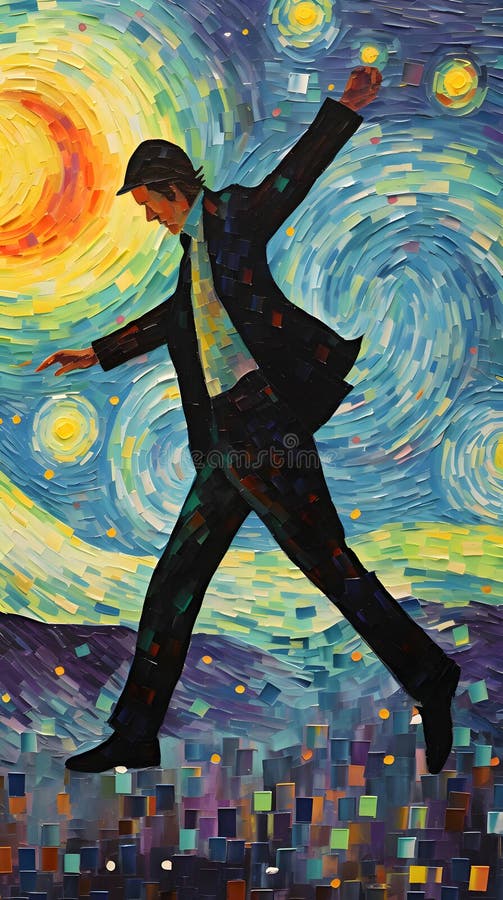 Illustration of a Man Jumping in Front of a Colorful Night Sky Stock ...