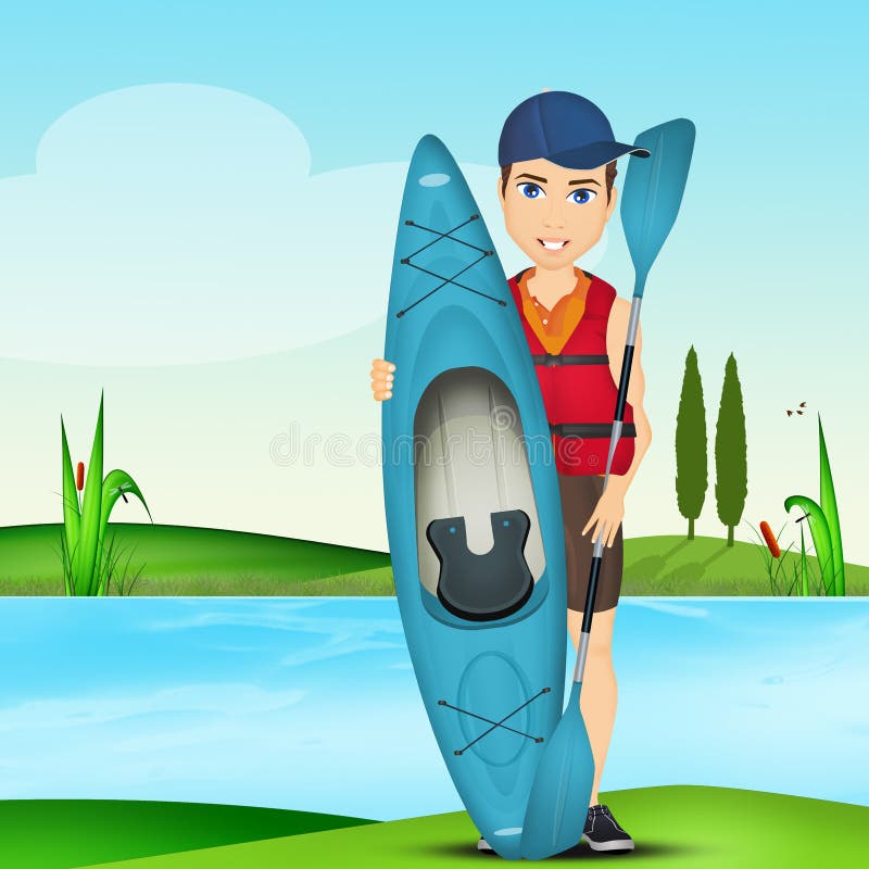 Man with a kayak on river stock illustration. Illustration of kayak ...