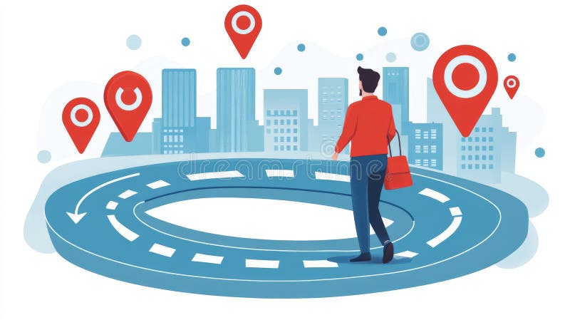 Illustration of a Man Navigating a City Map with Location Markers ...
