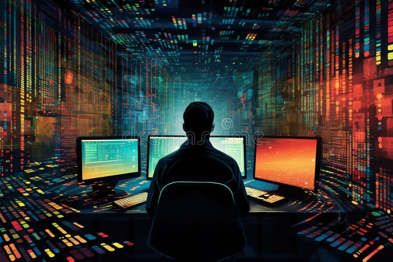 Illustration of a Man Operating Computers Stock Illustration ...