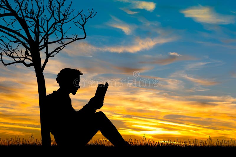 Man Reading a Book at Sunset Stock Illustration - Illustration of grass ...