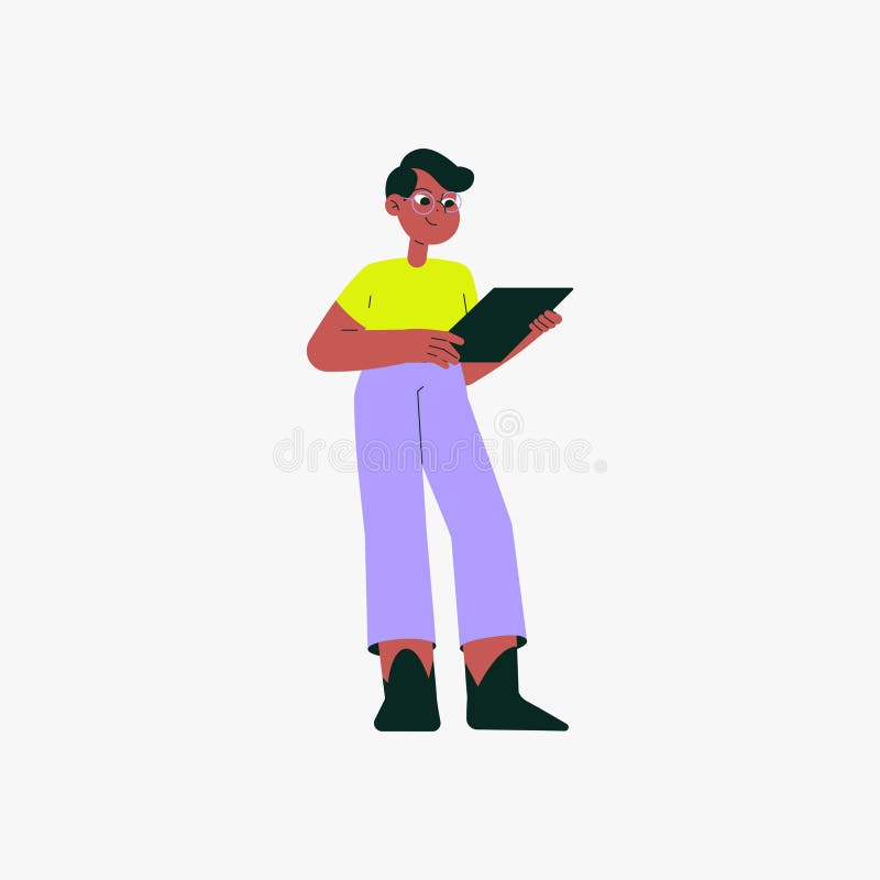 Man Holding Tablet and Reviewing Data Insights in Flat Vector ...