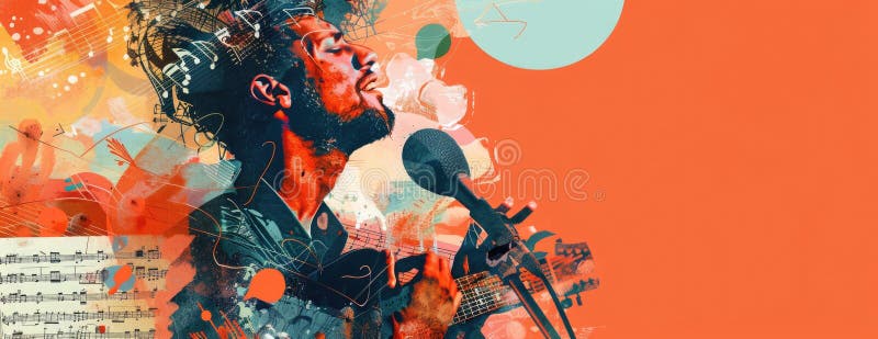 An Illustration of a Man Singing with a Microphone in Front of an ...