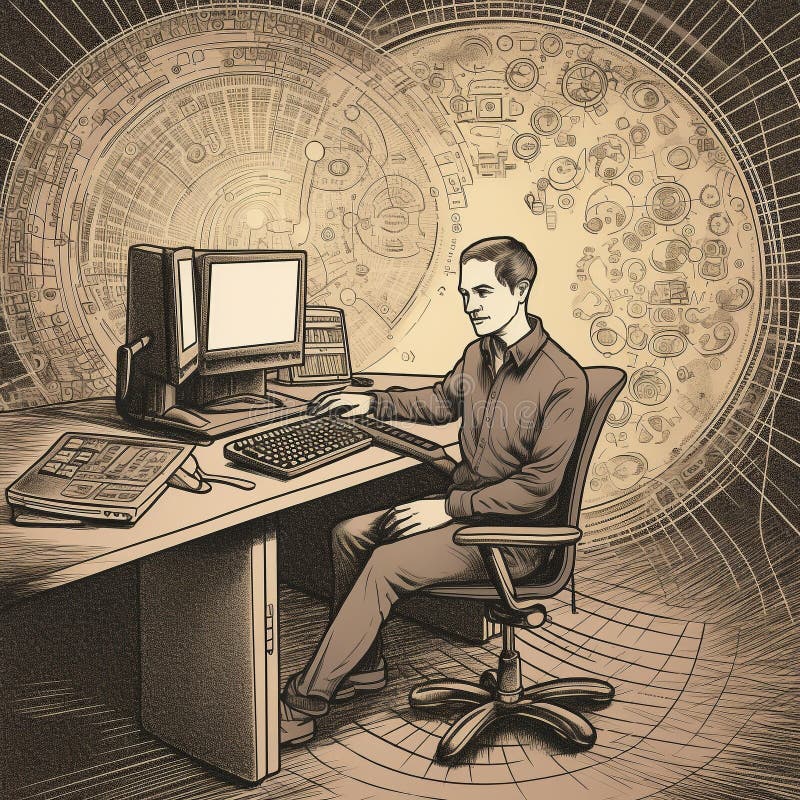 Tech Savvy: Man Working on Computer with Network Diagram in Background ...