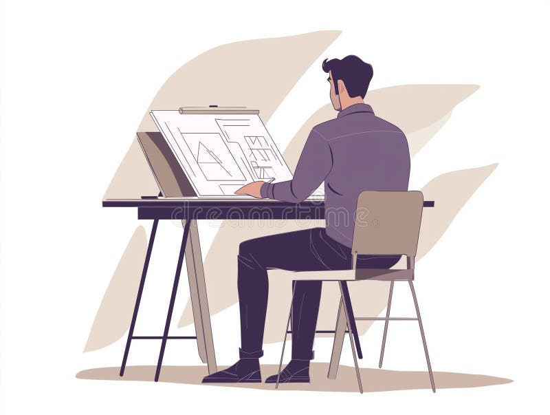 Illustration of a Man Sitting at a Drafting Table Working on ...