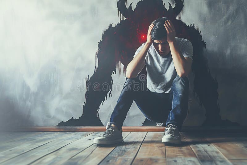 Man Sitting on the Floor with His Head in Hands, Shadow of Demon Behind ...