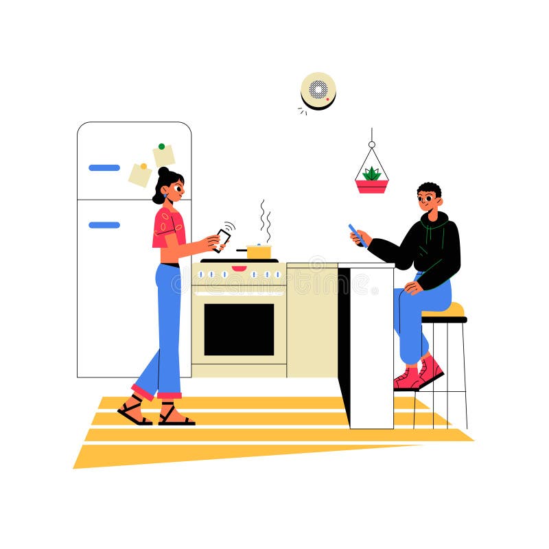 Smart Kitchen Interaction in Flat Vector Illustration Symbolizing ...