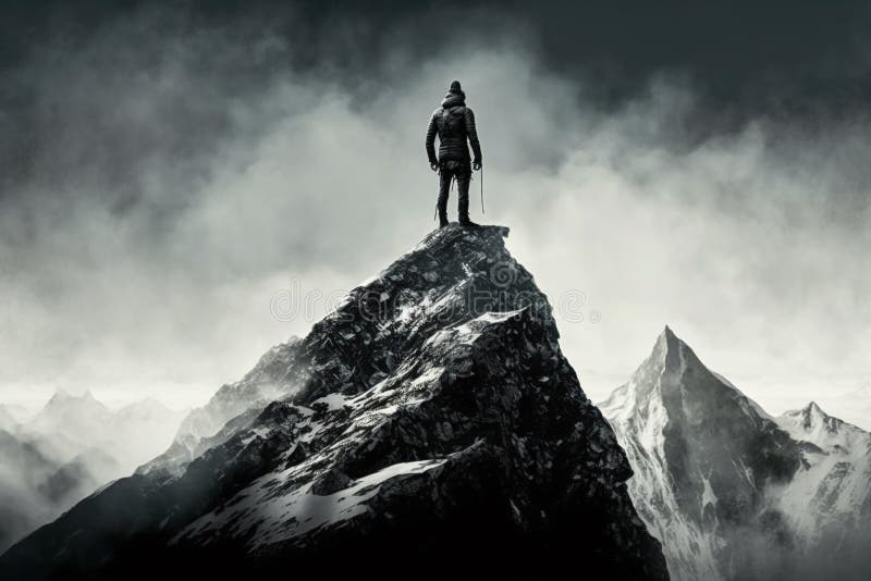 Man Reaching the Summit, Man on Top of a Mountain. Ai Generated Stock ...
