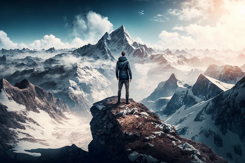 Man Reaching the Summit, Man on Top of a Mountain. Ai Generated Stock ...