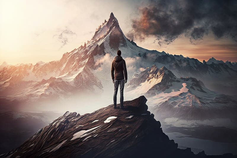 Man Reaching the Summit, Man on Top of a Mountain. Ai Generated Stock ...