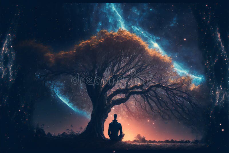 Man Under a Tree in Front of the Universe, Digital Illustration ...