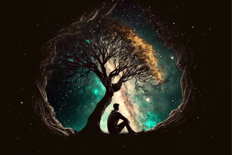 Man Under a Tree in Front of the Universe, Poetic Scenery Background ...