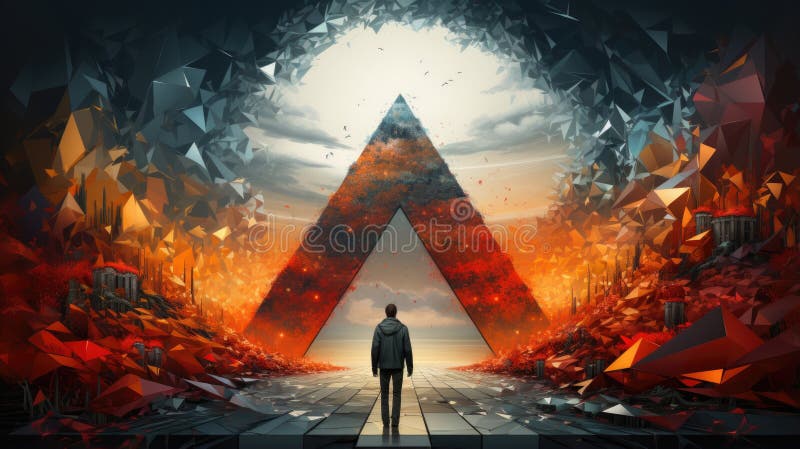 Illustration of Man Walking To Triangle Gate, Surreal Concept Stock ...