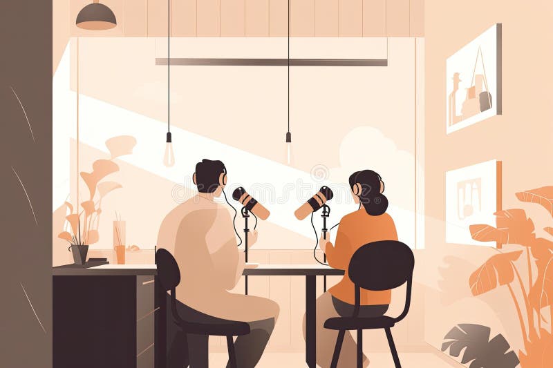 Illustration of Man and Woman Sit at Table with Microphone Stand Lead ...
