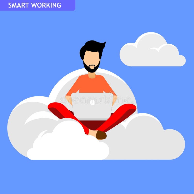 Smart Working. Man that Work with Laptop on Cloud. Stock Vector ...
