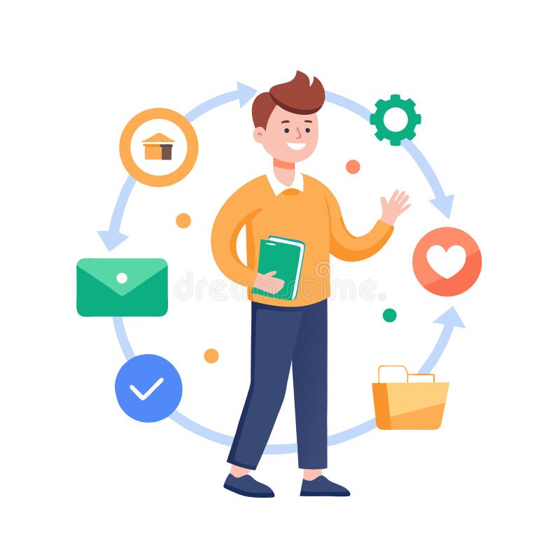 Illustration of a Man within a Workflow Cycle, Conveying Process ...