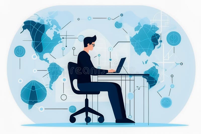 Illustration of a Man Working at a Computer on a Blue Background. Flat ...