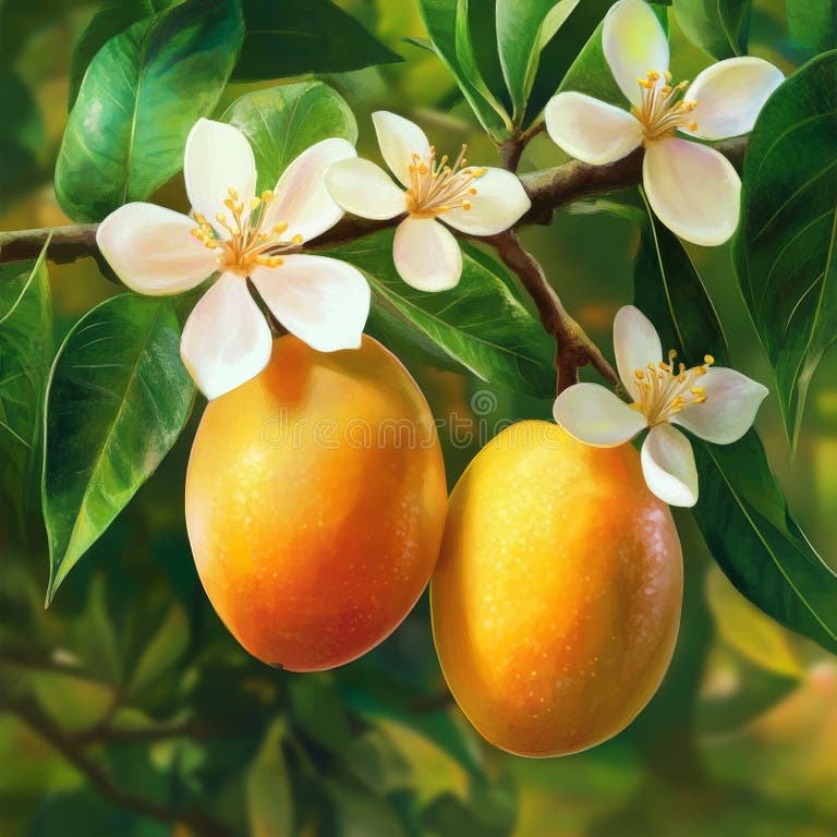 Illustration of Mango Fruit on the Tree with Flowers. Vector ...