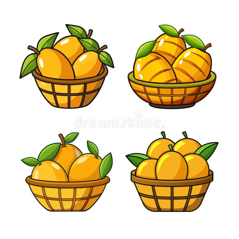 Basket of Ripe Mangoes with Leaves Illustration Vector Stock Vector ...