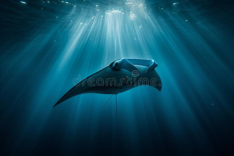 A Manta Ray Glided through the Deep Blue Ocean, with the Rays of ...