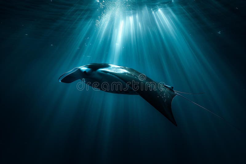 A Manta Ray Glided through the Deep Blue Ocean, with the Rays of ...