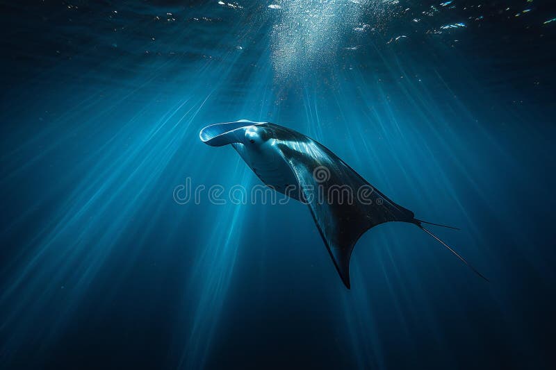 A Manta Ray Glided through the Deep Blue Ocean, with the Rays of ...