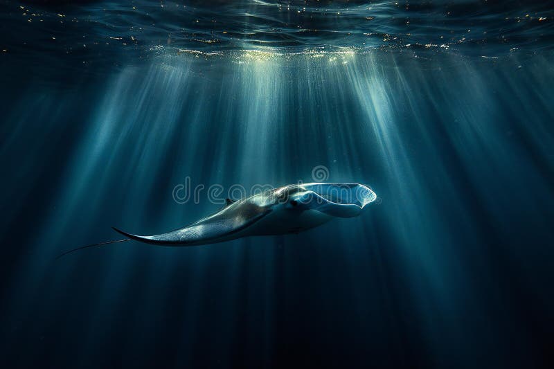 A Manta Ray Glided through the Deep Blue Ocean, with the Rays of ...