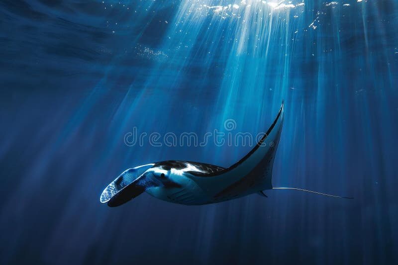 A Manta Ray Gliding through the Deep Blue Ocean, Sunlight Filtering ...