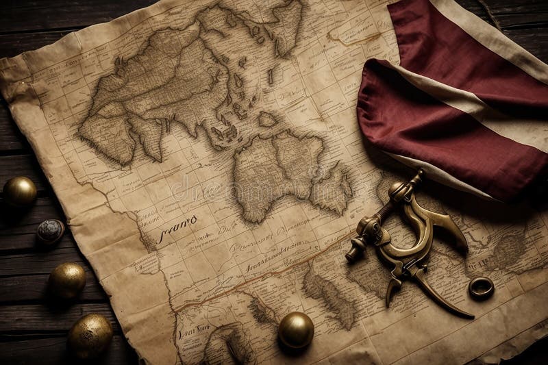 Illustration, Map, Pirate, Ancient, Parchment, Laid Out on Table Stock ...