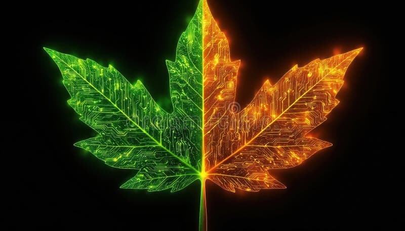 Illustration of Maple Leaf Divided in Half, One Side Green with Circuit ...