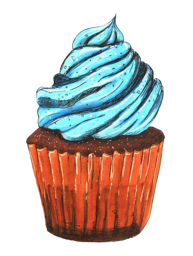 Illustration, Marker Drawing, Cupcake with Blue Cream Stock ...