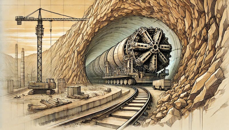 Tunnel Boring Machine Drilling Mountain Pass Stock Illustration - Illustration of machine ...