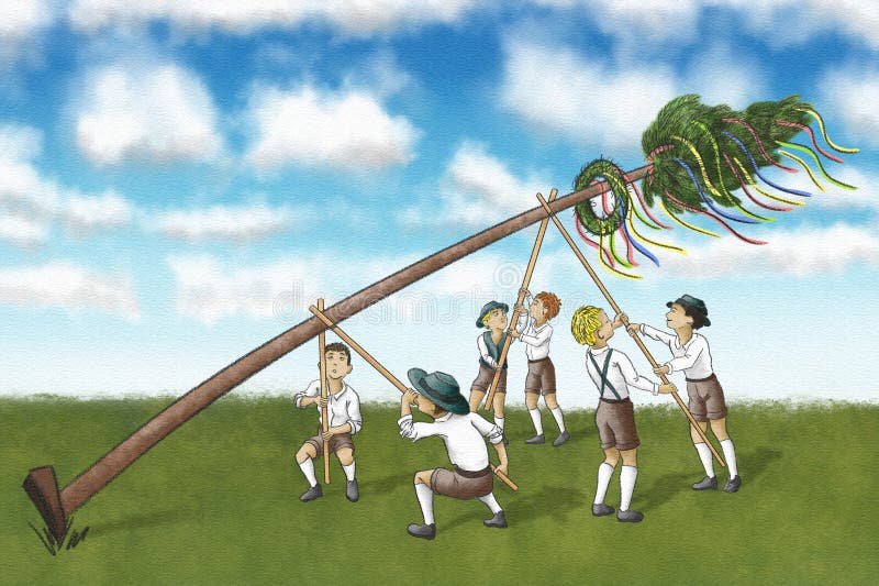 Illustration of a Maypole Being Set Up by Strong Men Stock Illustration ...