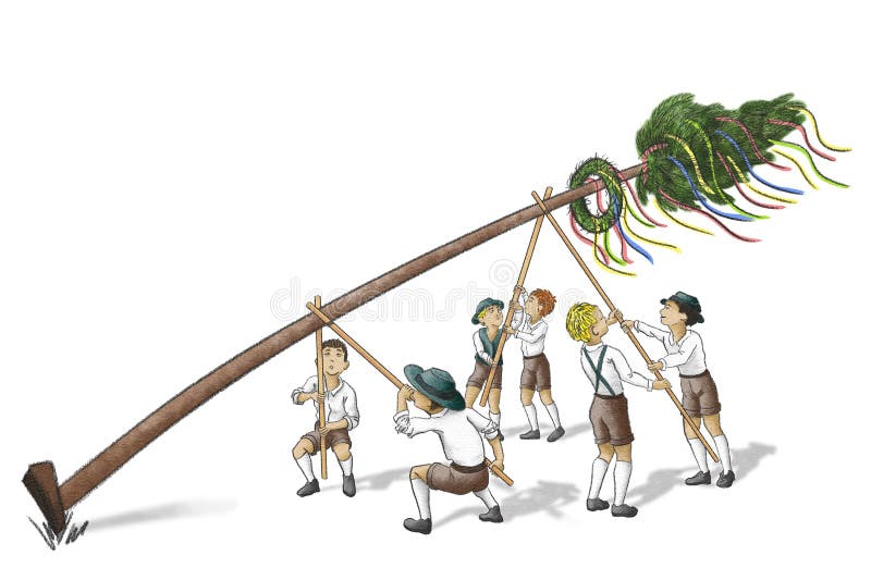 Illustration of a Maypole Being Set Up by Strong Men Stock Illustration ...