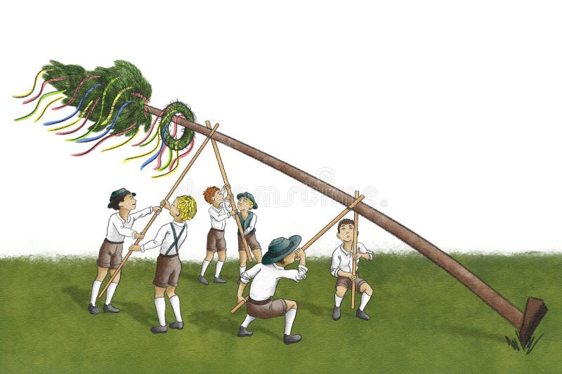 Illustration of a Maypole Being Set Up by Strong Men Stock Illustration ...