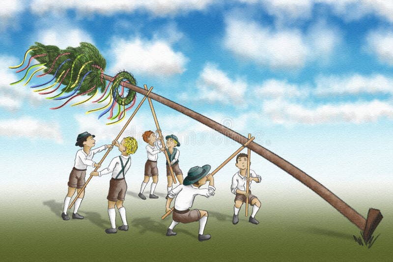 Illustration of a Maypole Being Set Up by Strong Men Stock Illustration ...