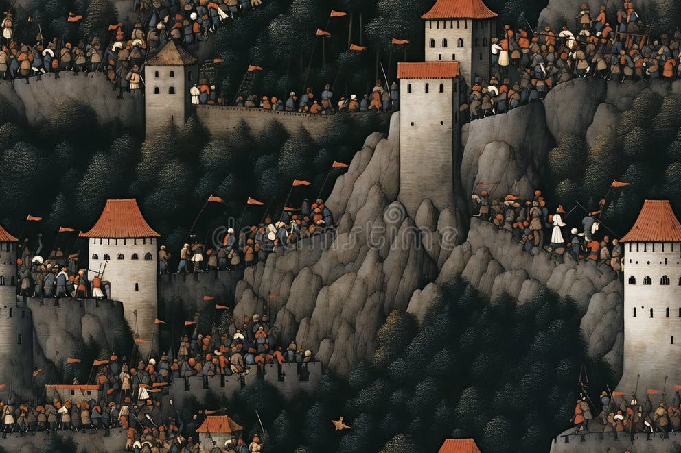 Illustration of a Medieval Castle with a Crowd of People Around Stock ...