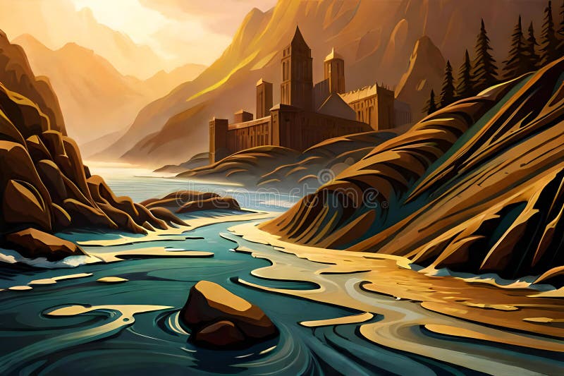 Illustration of a Medieval Castle in the Middle of a Mountain River ...