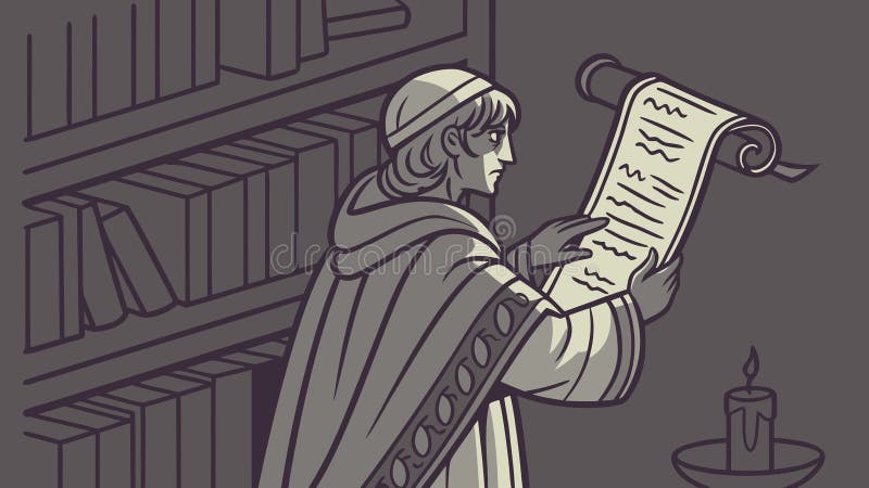 A Historical Scholar Reading an Ancient Scroll in a Library. Vector ...