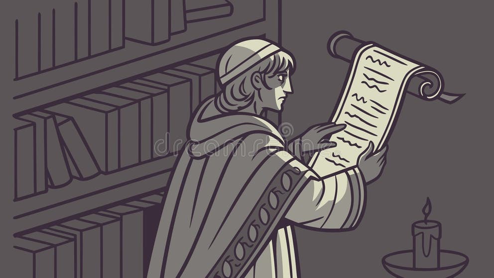 A Historical Scholar Reading an Ancient Scroll in a Library. Vector ...