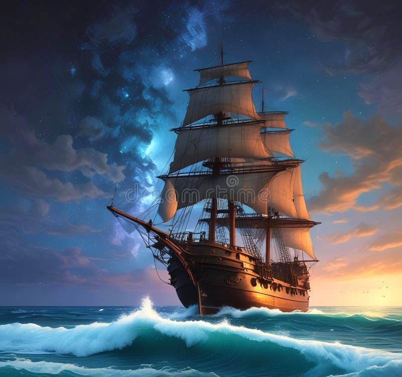 Illustration of Medieval Ship in Ocean Stock Illustration ...