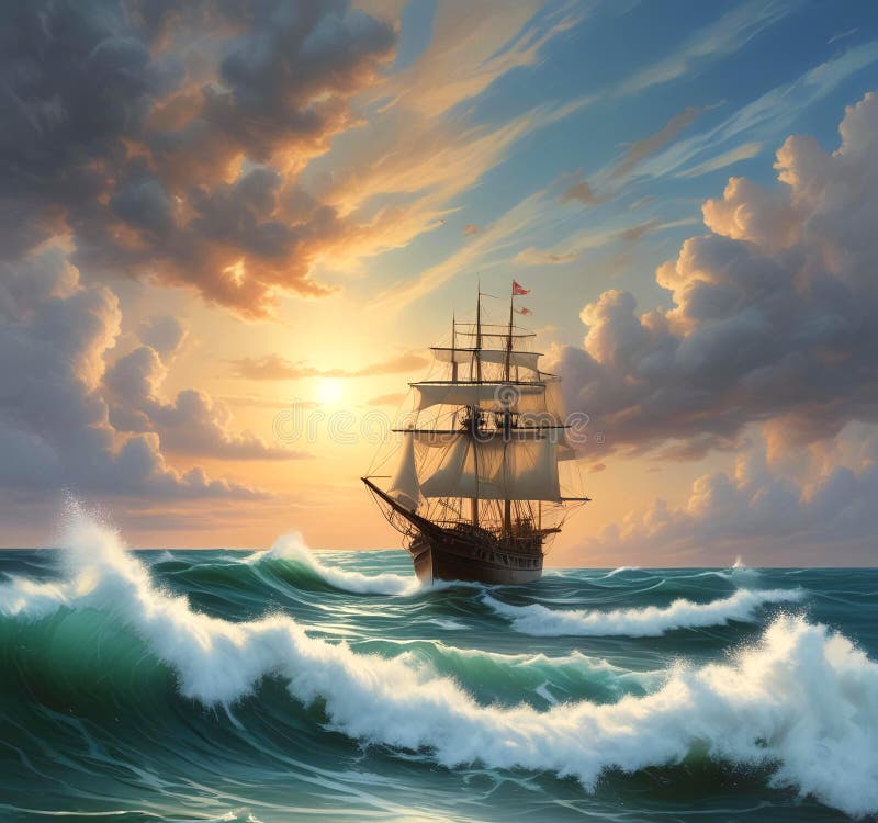 Illustration of Medieval Ship in Ocean Stock Illustration ...