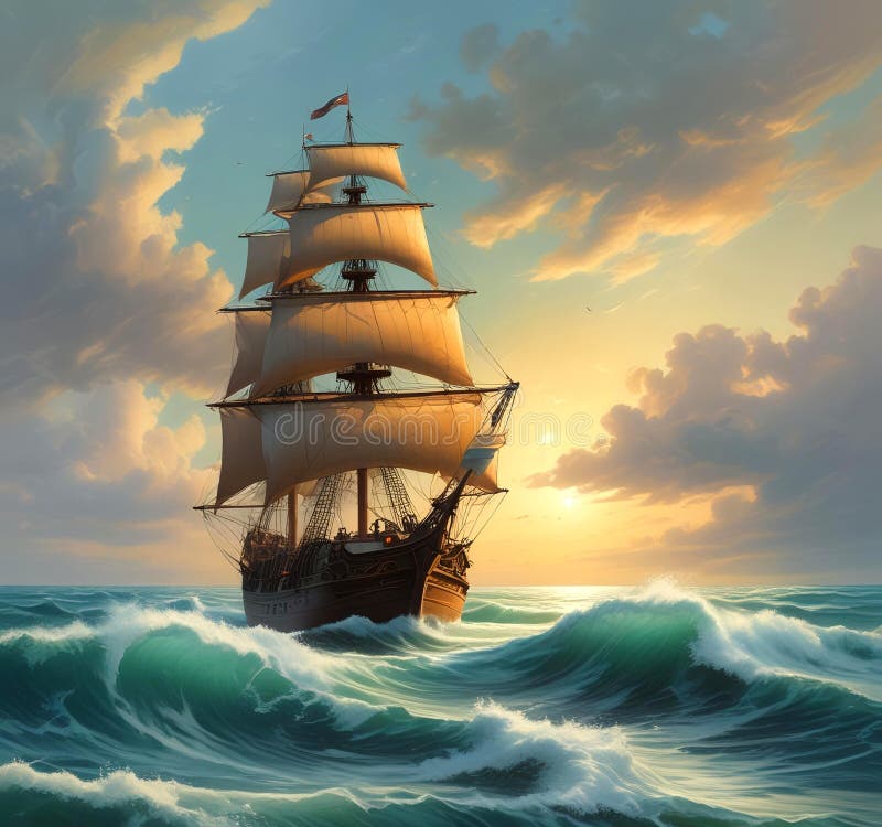 Illustration of Medieval Ship in Ocean Stock Illustration ...