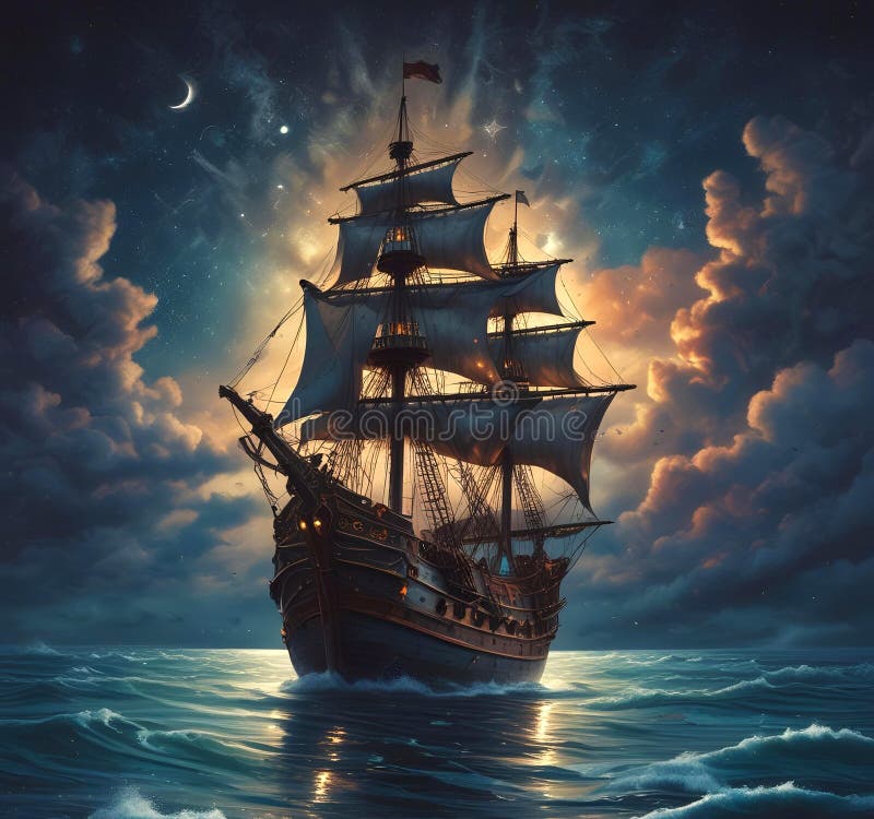 Illustration of Medieval Ship in Ocean Stock Illustration ...