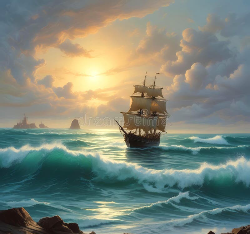 Illustration of Medieval Ship in Ocean Stock Illustration ...
