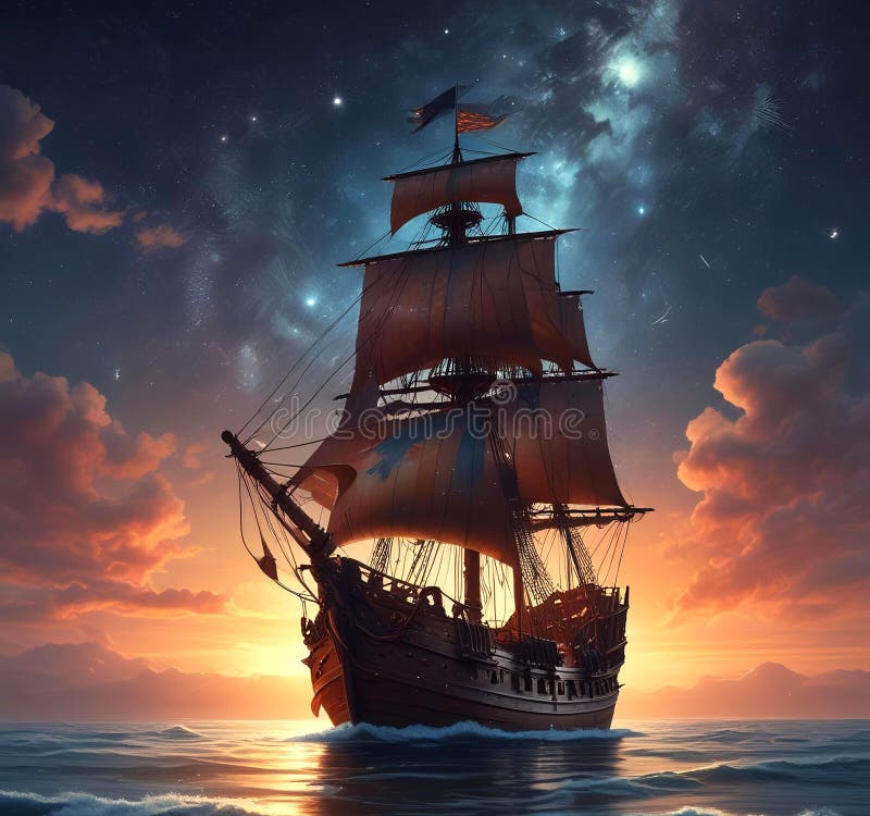 Illustration of Medieval Ship in Ocean Stock Illustration ...