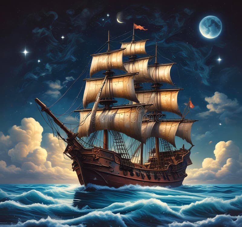 Illustration of Medieval Ship in Ocean Stock Illustration ...